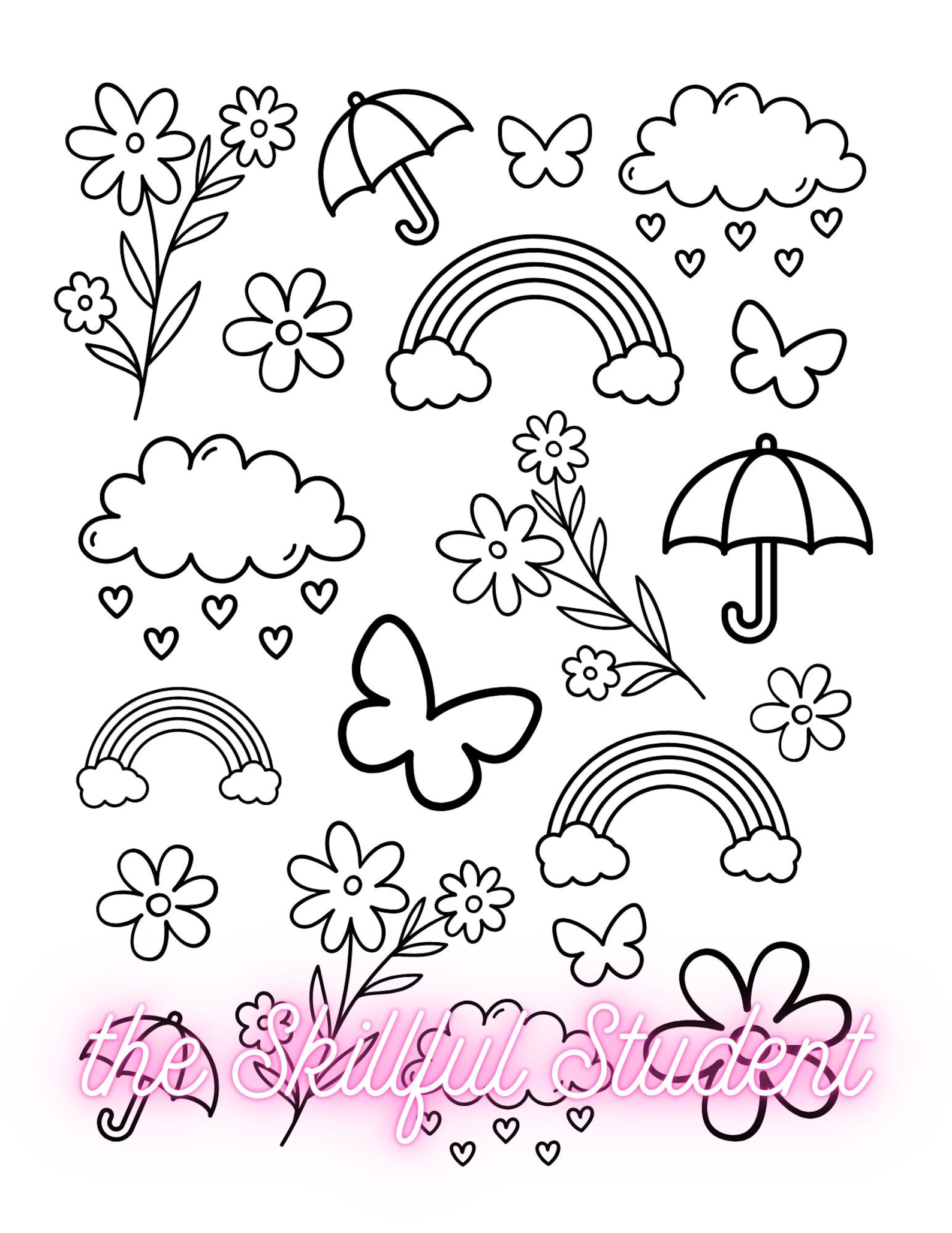 Spring Coloring Page - Rain Clouds Coloring Page - Rainbows and Flowers ...