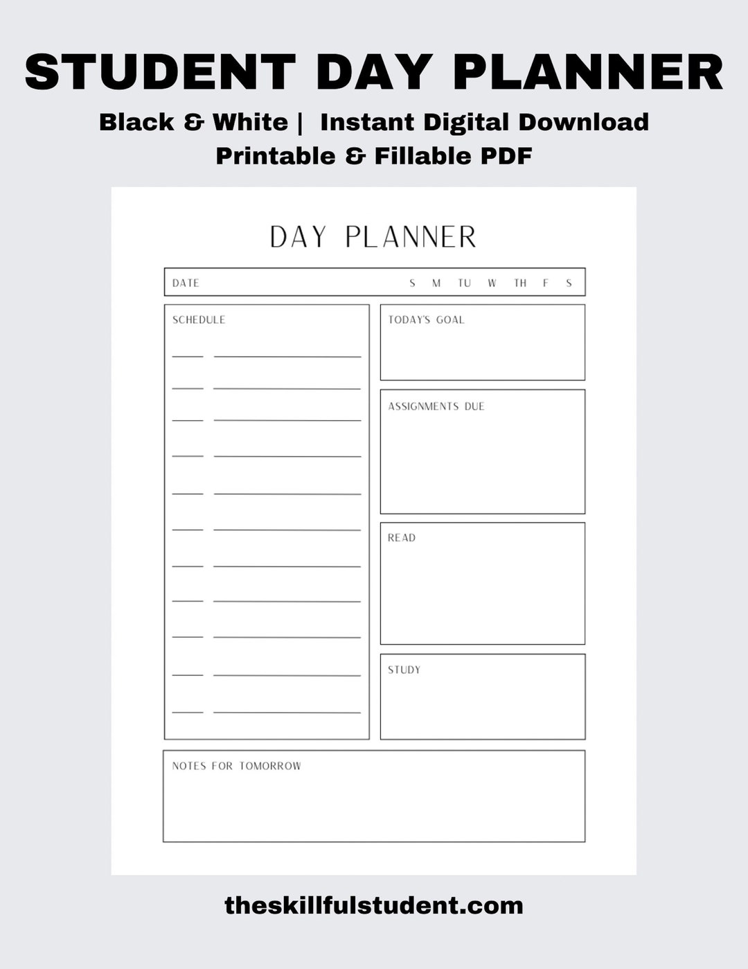 Student Day Planner Page - Daily Plan - Black / White - Instant Digital ...