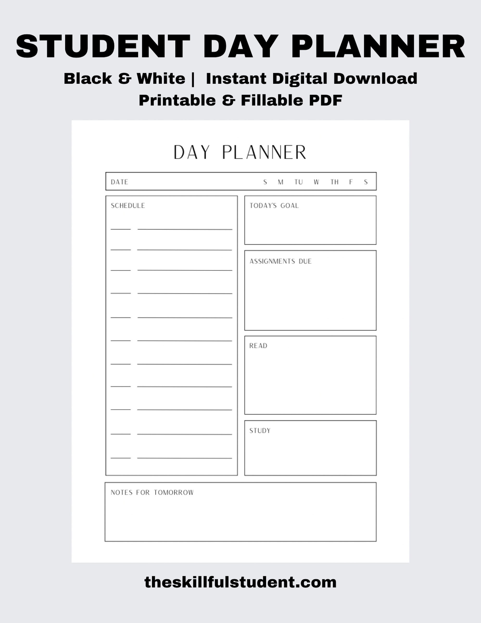 Student Day Planner Page - Daily Plan - Black / White - Instant Digital ...