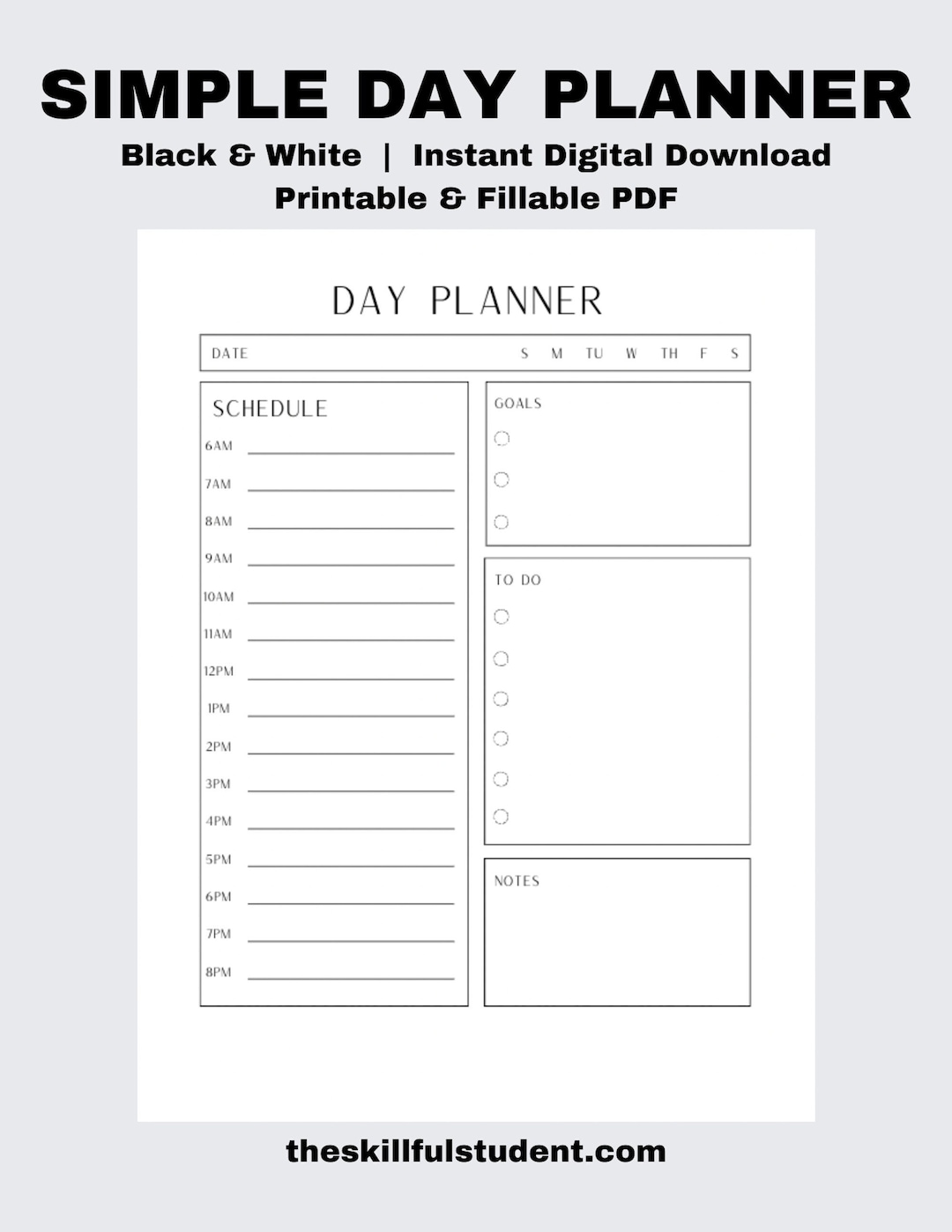 Simple Day Planner Page - Daily Plan - Black / White - Instant Digital ...