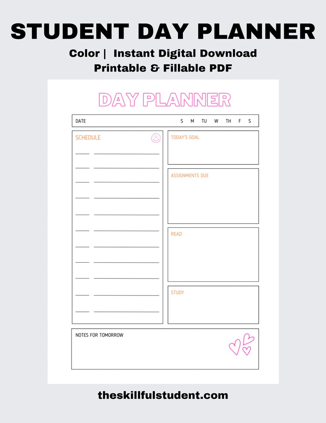 Student Day Planner Page - Daily Plan - Color - Instant Digital ...