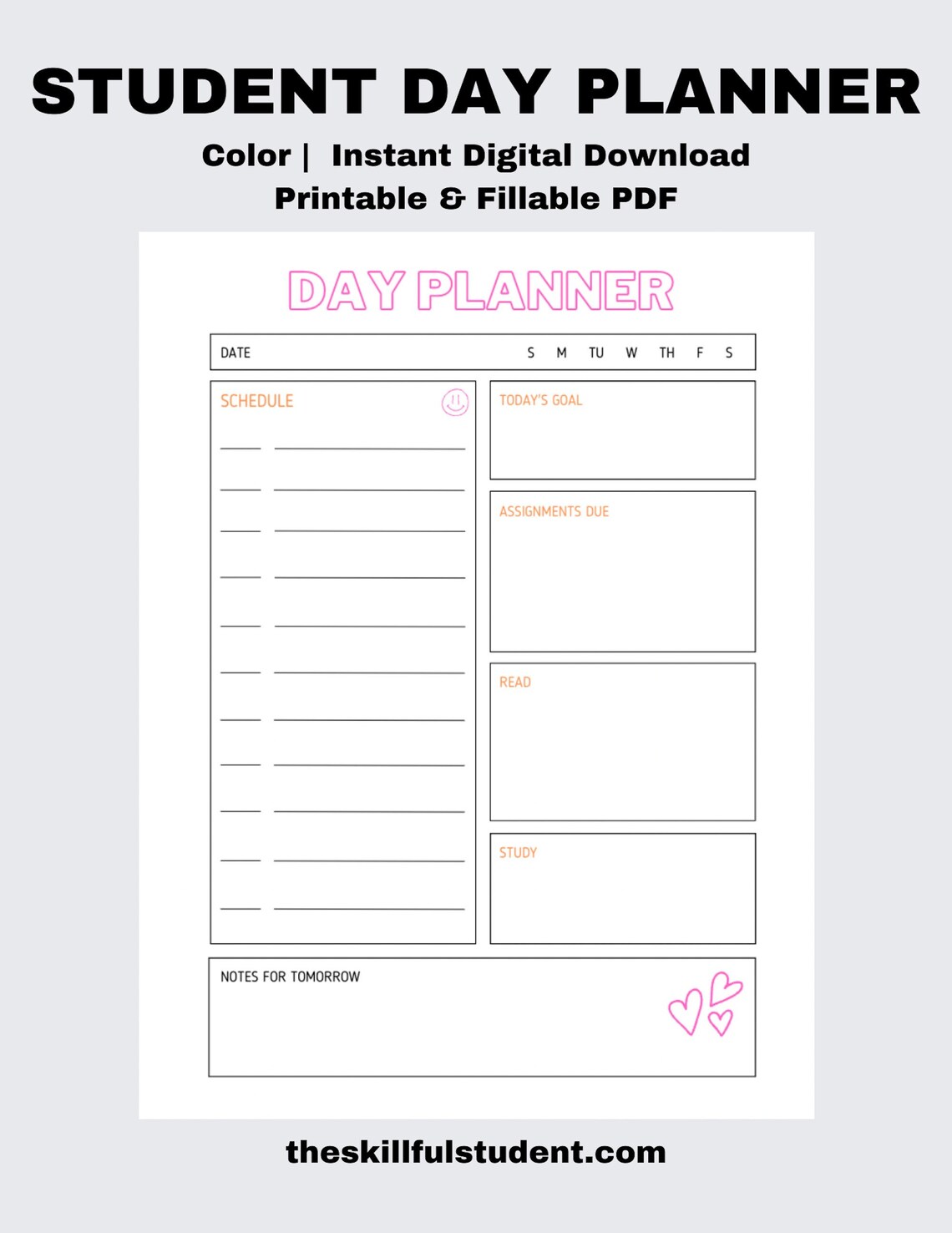 Student Day Planner Page - Daily Plan - Color - Instant Digital ...