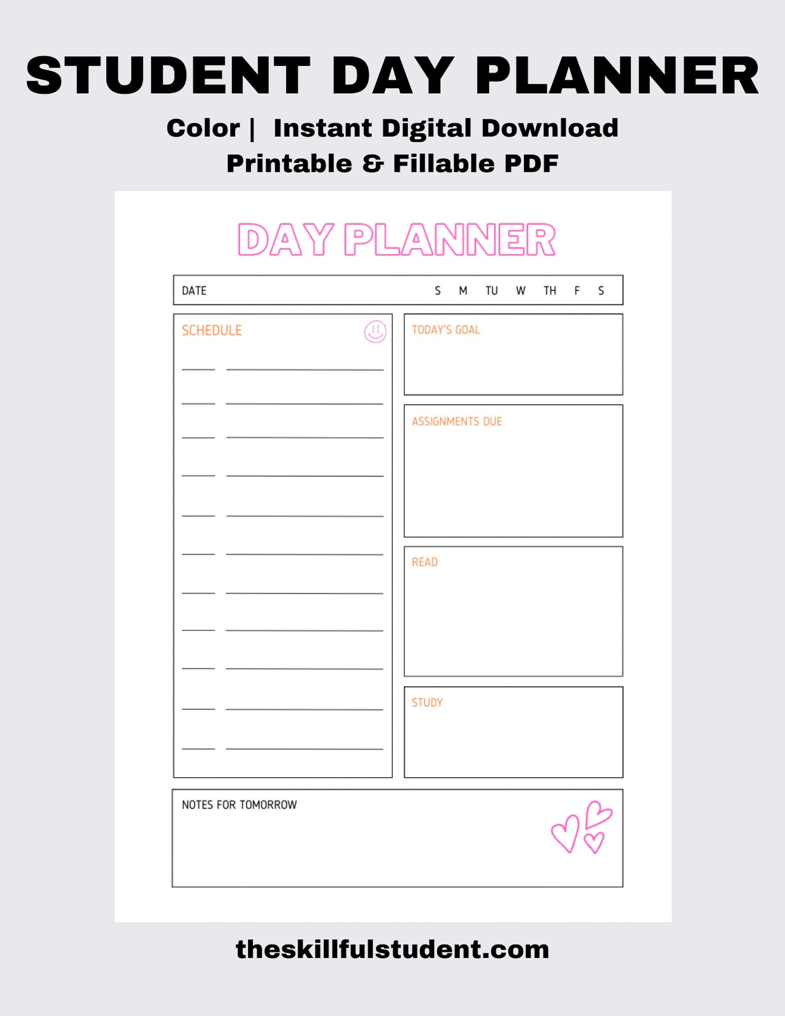 Student Day Planner Page - Daily Plan - Color - Instant Digital ...