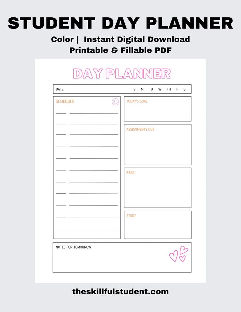 Student Day Planner Page - Daily Plan - Color - Instant Digital ...