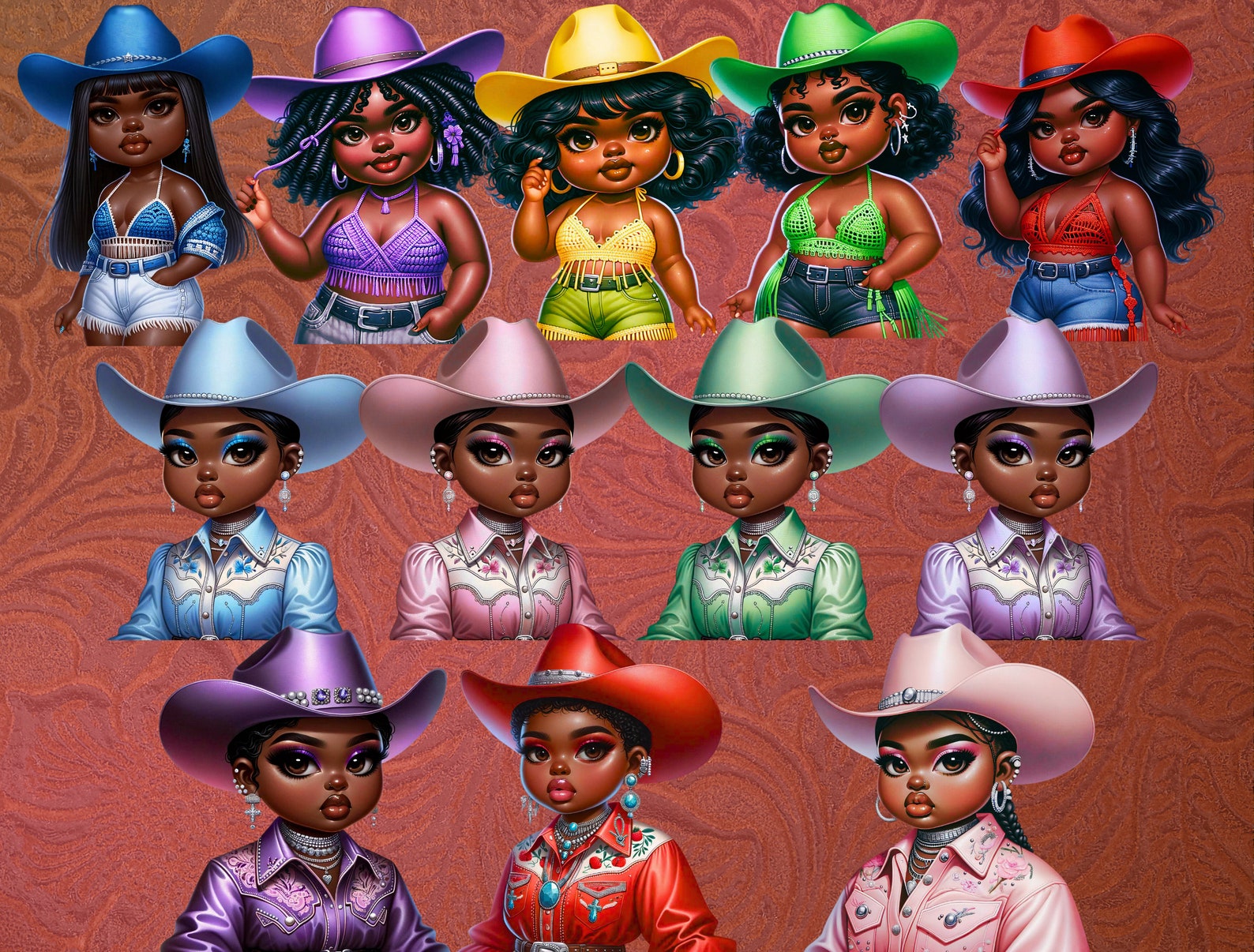 Western Chibi Clipart Bundle | Afro Cowgirl Digital Stickers | Texas ...