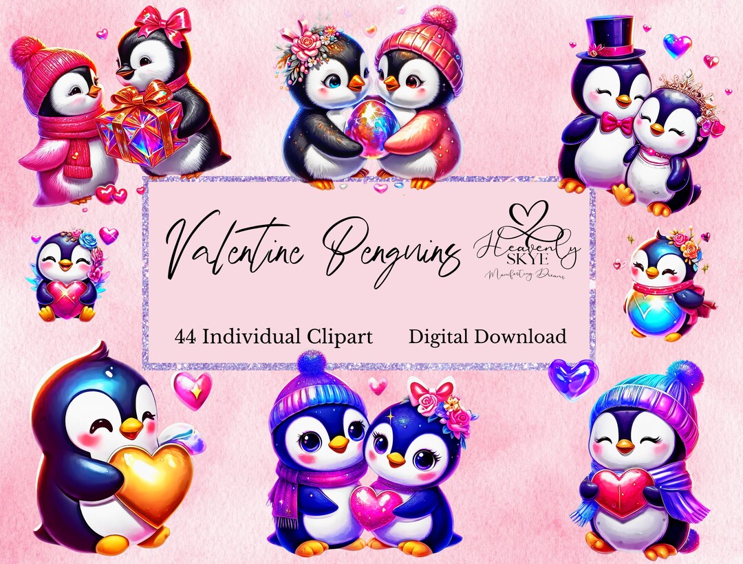 Watercolor Valentine's Penguins Clipart , 44 PNG Designs, Commercial ...