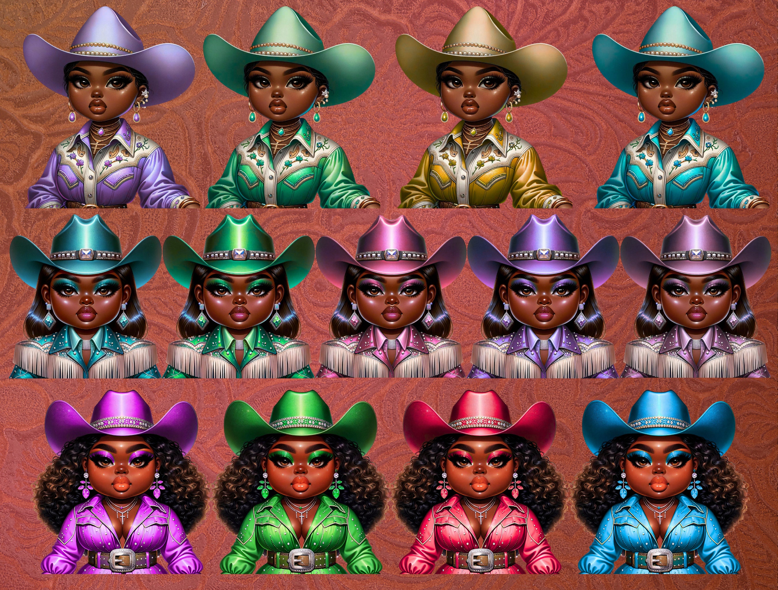 Western Chibi Clipart Bundle | Afro Cowgirl Digital Stickers | Texas ...