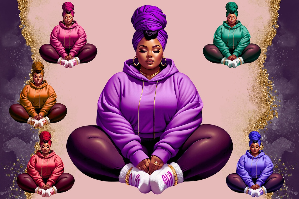 Plus Size Black Women Meditating PNG Bundle Mindfulness Headwrap Images ...