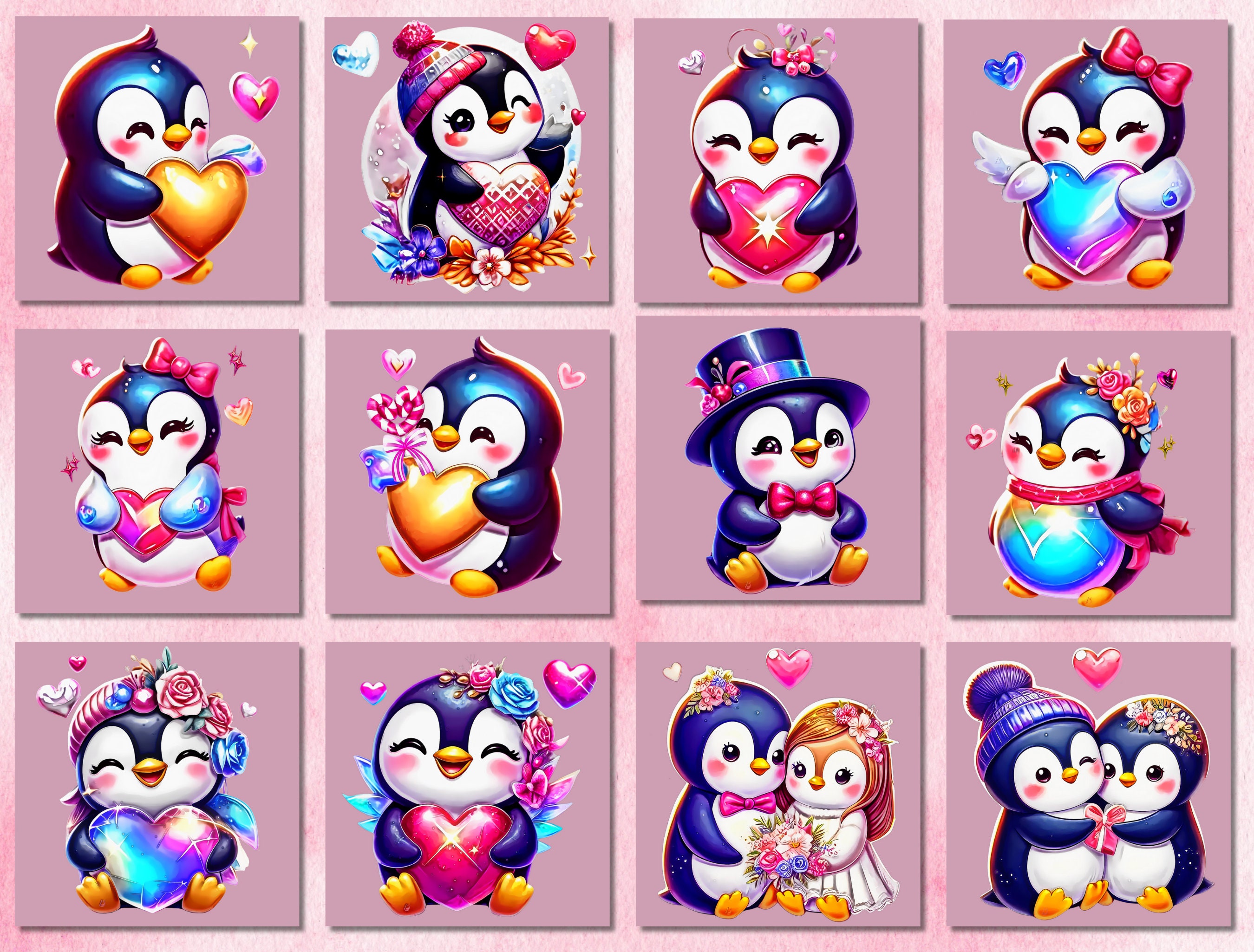 Watercolor Valentine's Penguins Clipart , 44 PNG Designs, Commercial ...