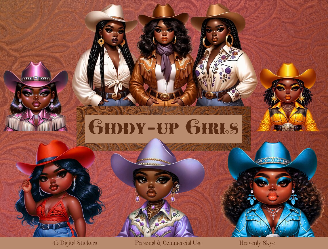 Western Chibi Clipart Bundle | Afro Cowgirl Digital Stickers | Texas ...