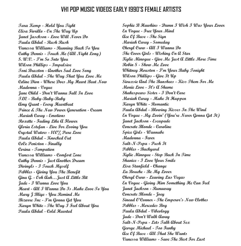 VH1 Early 90's Pop Music Videos Female Artists Tribute - Etsy