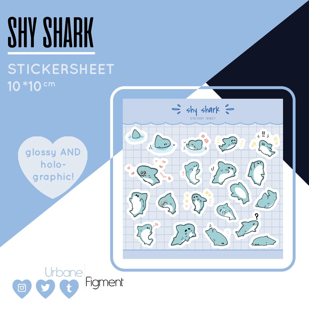 Shy Shark | Glossy / Holographic Sticker Sheet | Cute Stationery ...