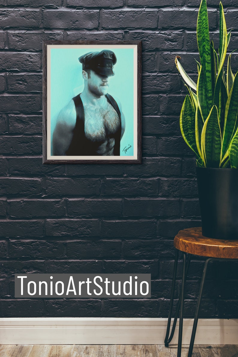 Hot Leather Cub With Aqua Background, Male Digital Art, Original Male ...