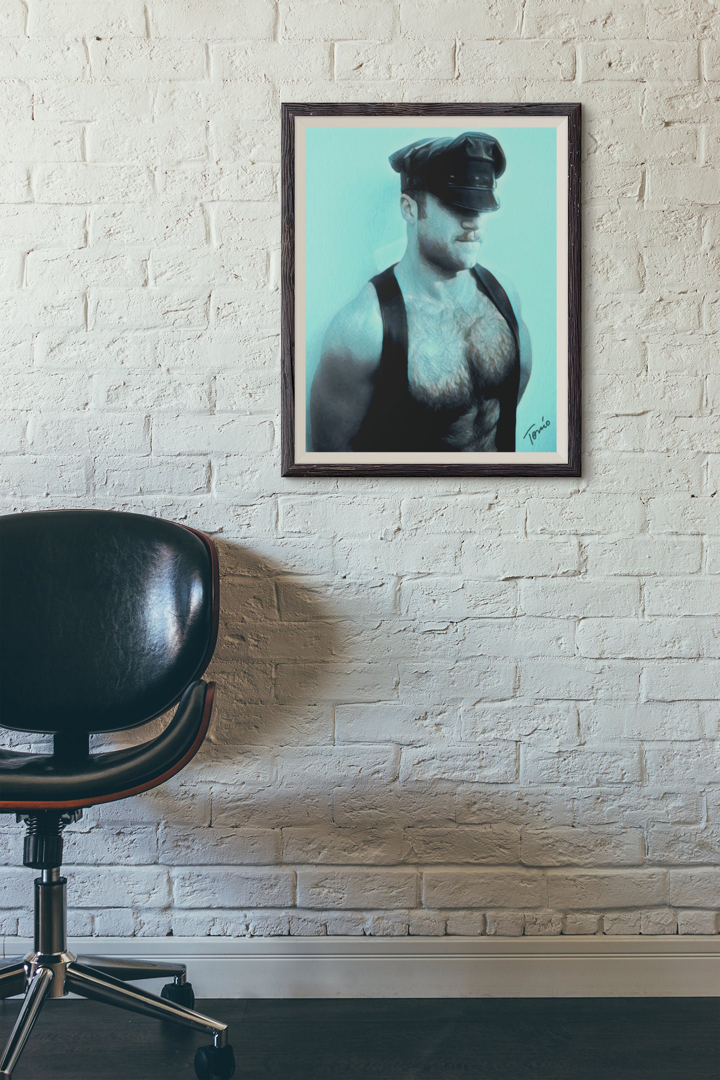Hot Leather Cub With Aqua Background, Male Digital Art, Original Male ...