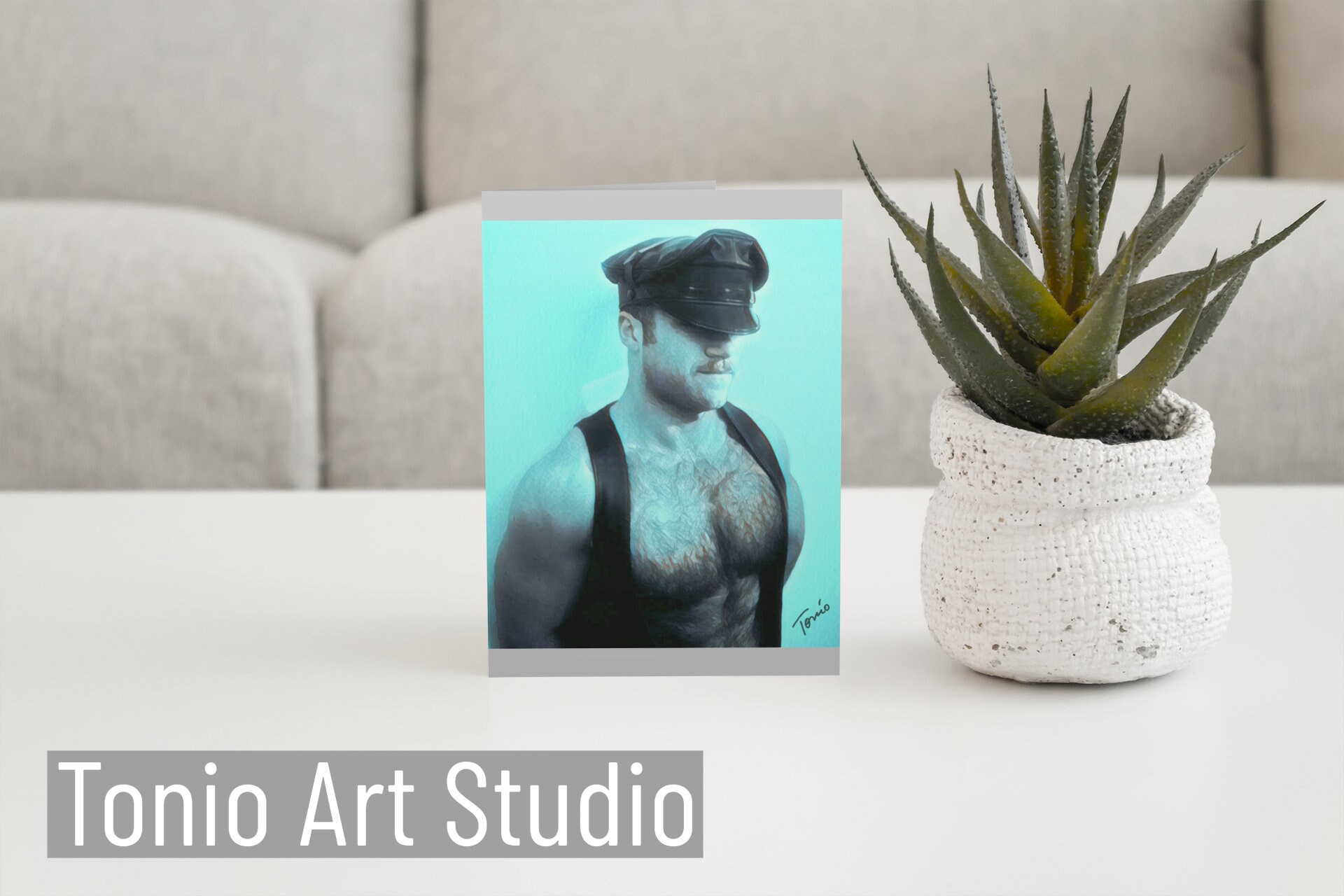 Hot Leather Cub With Aqua Background, Male Digital Art, Original Male ...