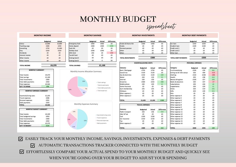 Monthly Budget Spreadsheet for Google Sheets, Excel Budget Planner ...