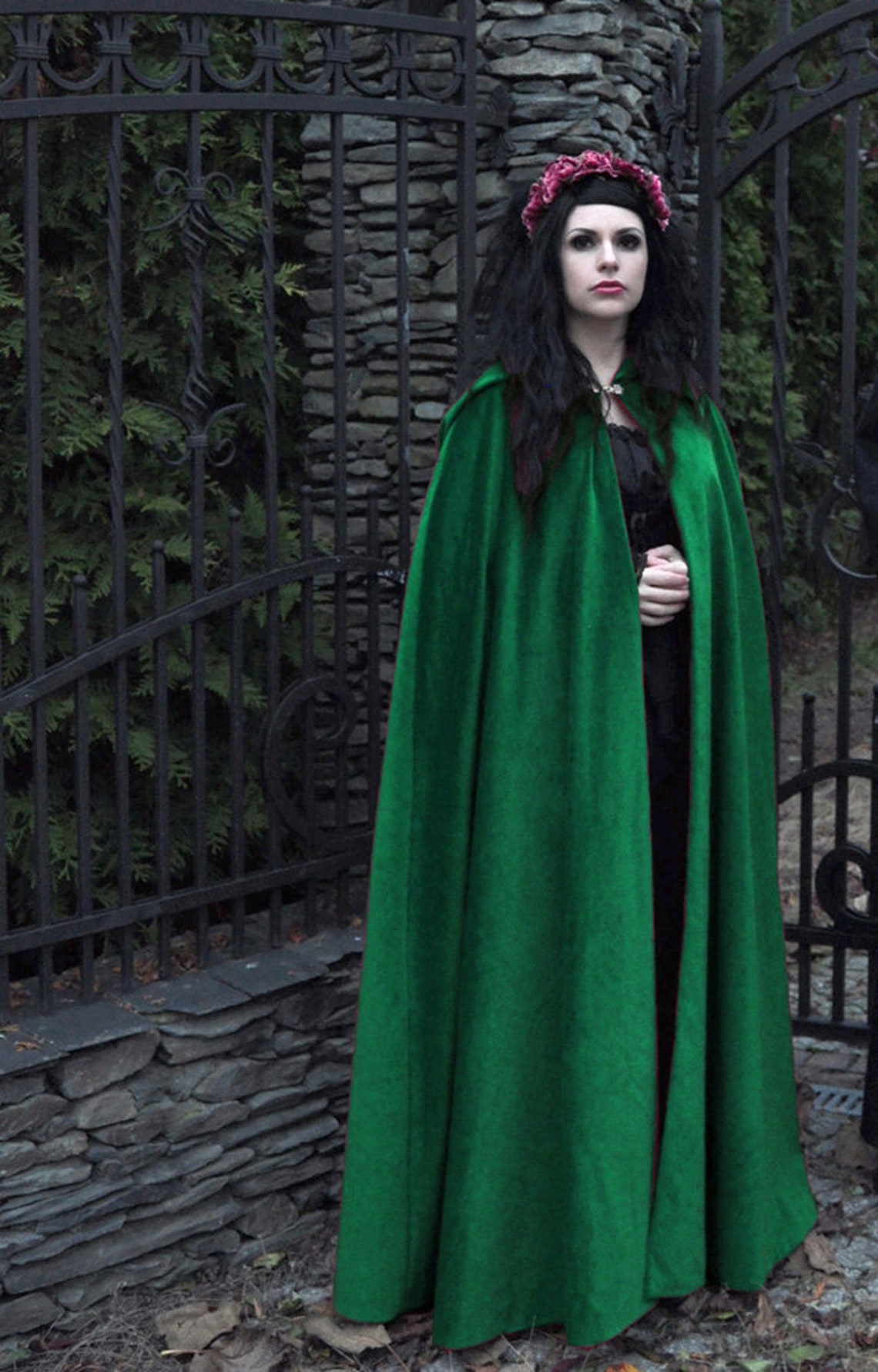 Green Velvet Long Cloak With Hood and Satin Lined, Clasp Closure, Made ...
