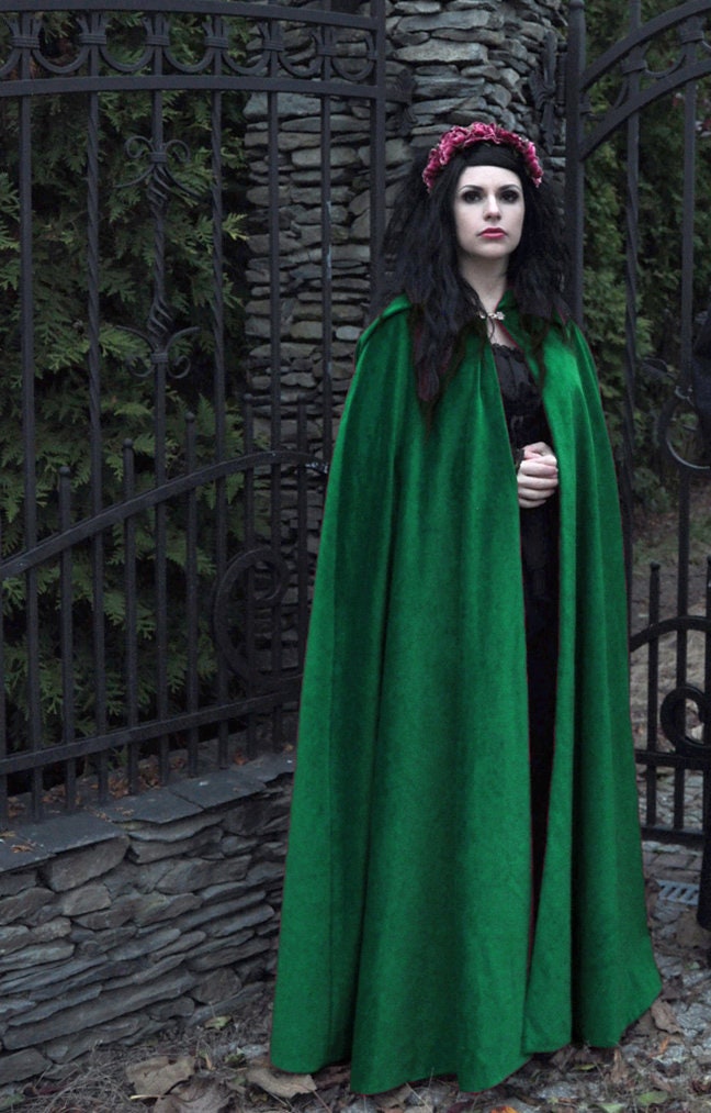 Green Velvet Long Cloak With Hood and Satin Lined, Clasp Closure, Made ...