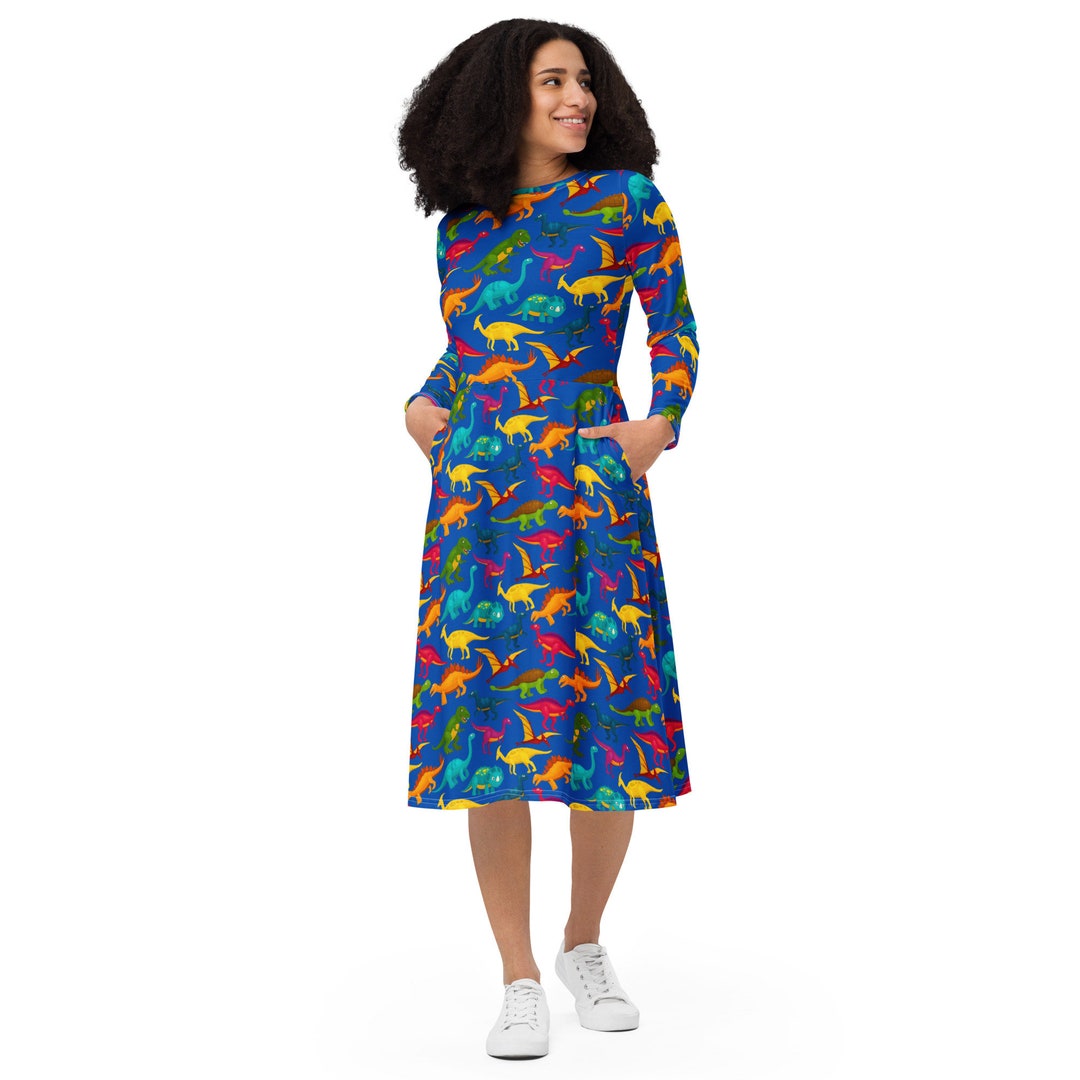 Dinosaur Dress Long Sleeve Midi Women's Party Science Frizzle Costume ...