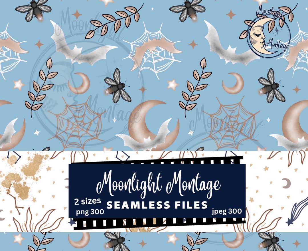 Mystical Moon & Firefly Seamless Pattern Design, Spooky Bat and ...