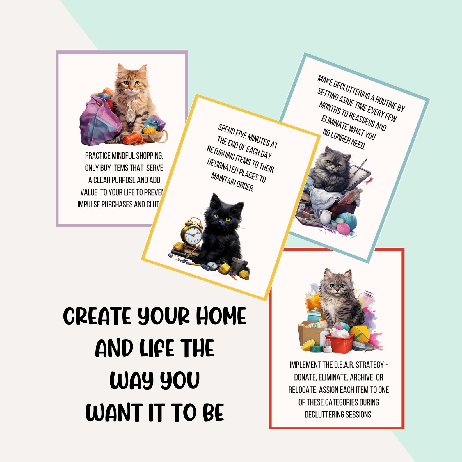63 Cat Lovers' Declutter Strategy Cards. Gift for Tidy Home Management ...
