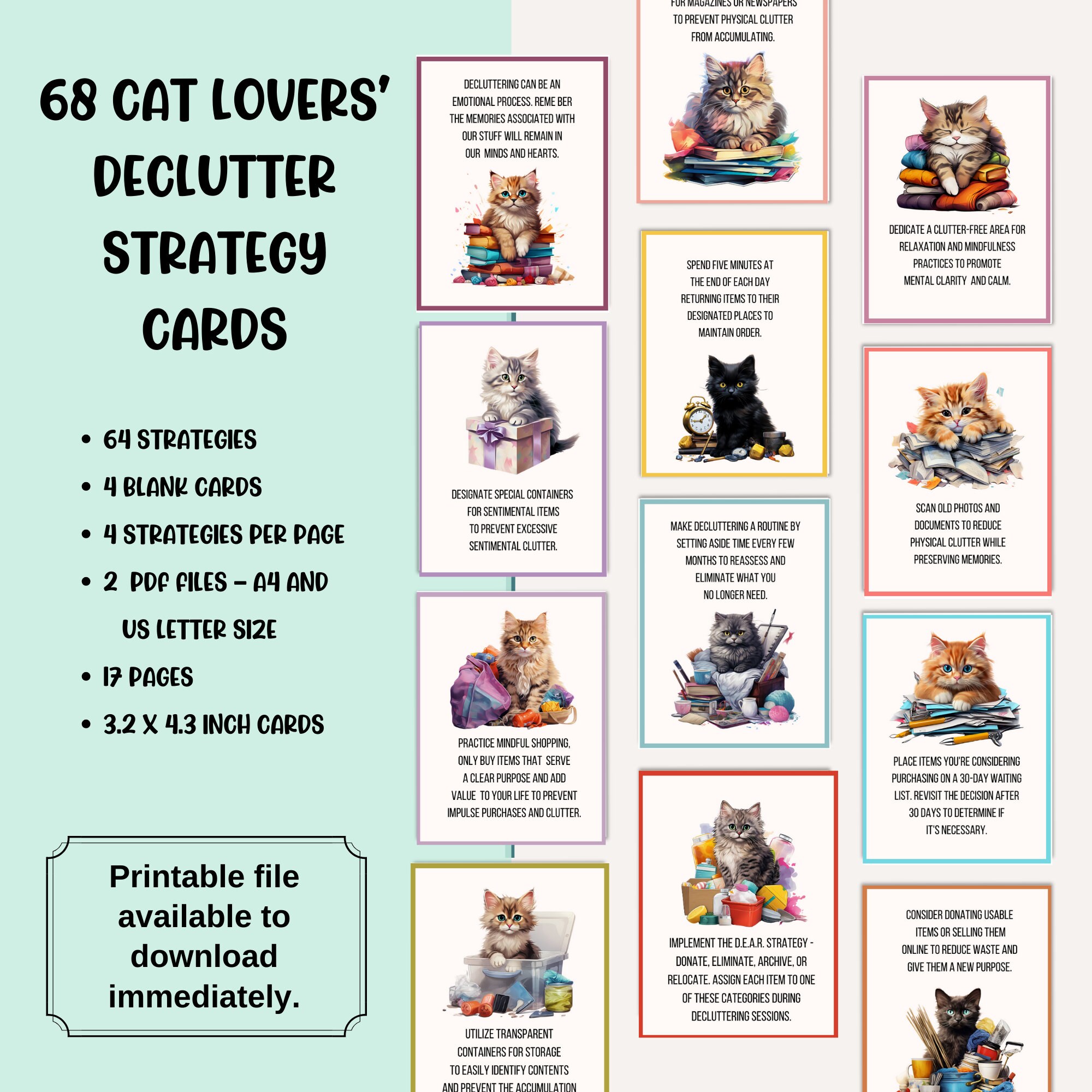 63 Cat Lovers' Declutter Strategy Cards. Gift for Tidy Home Management ...