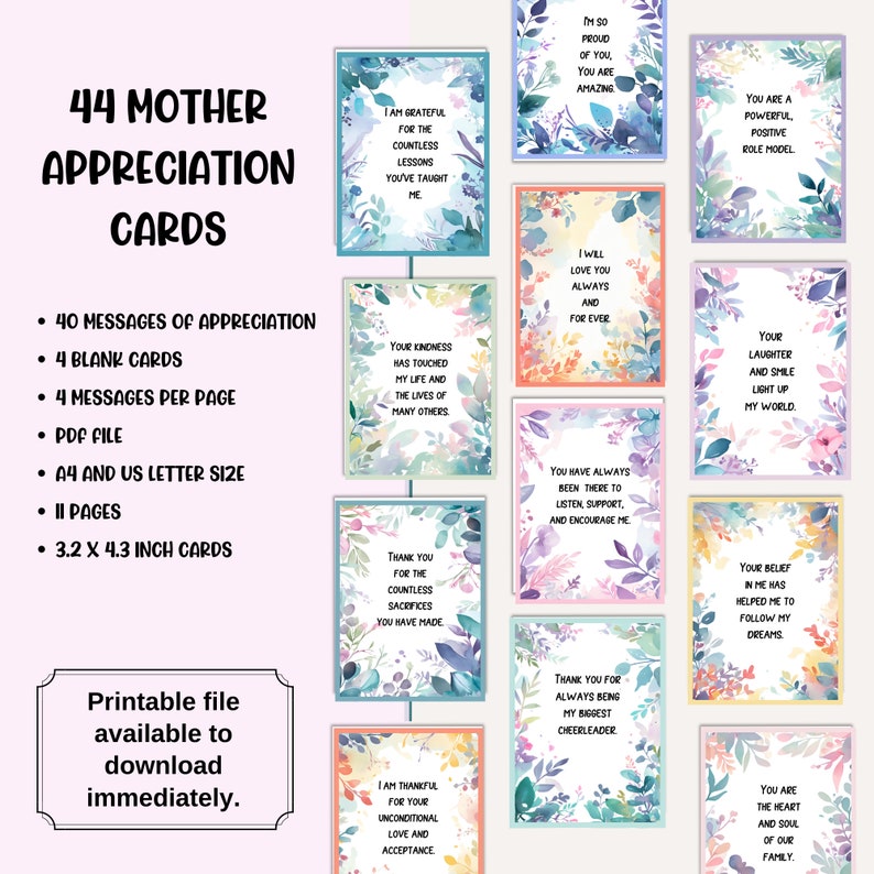 44 Mother Appreciation Cards Mom Affirmations for Gratitude to Mother ...