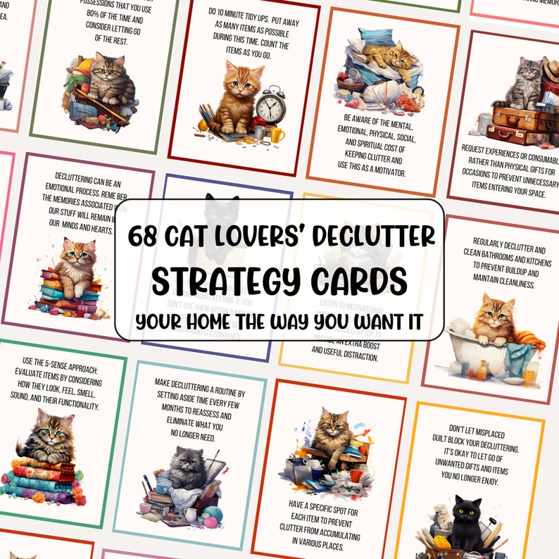 63 Cat Lovers' Declutter Strategy Cards. Gift for Tidy Home Management ...