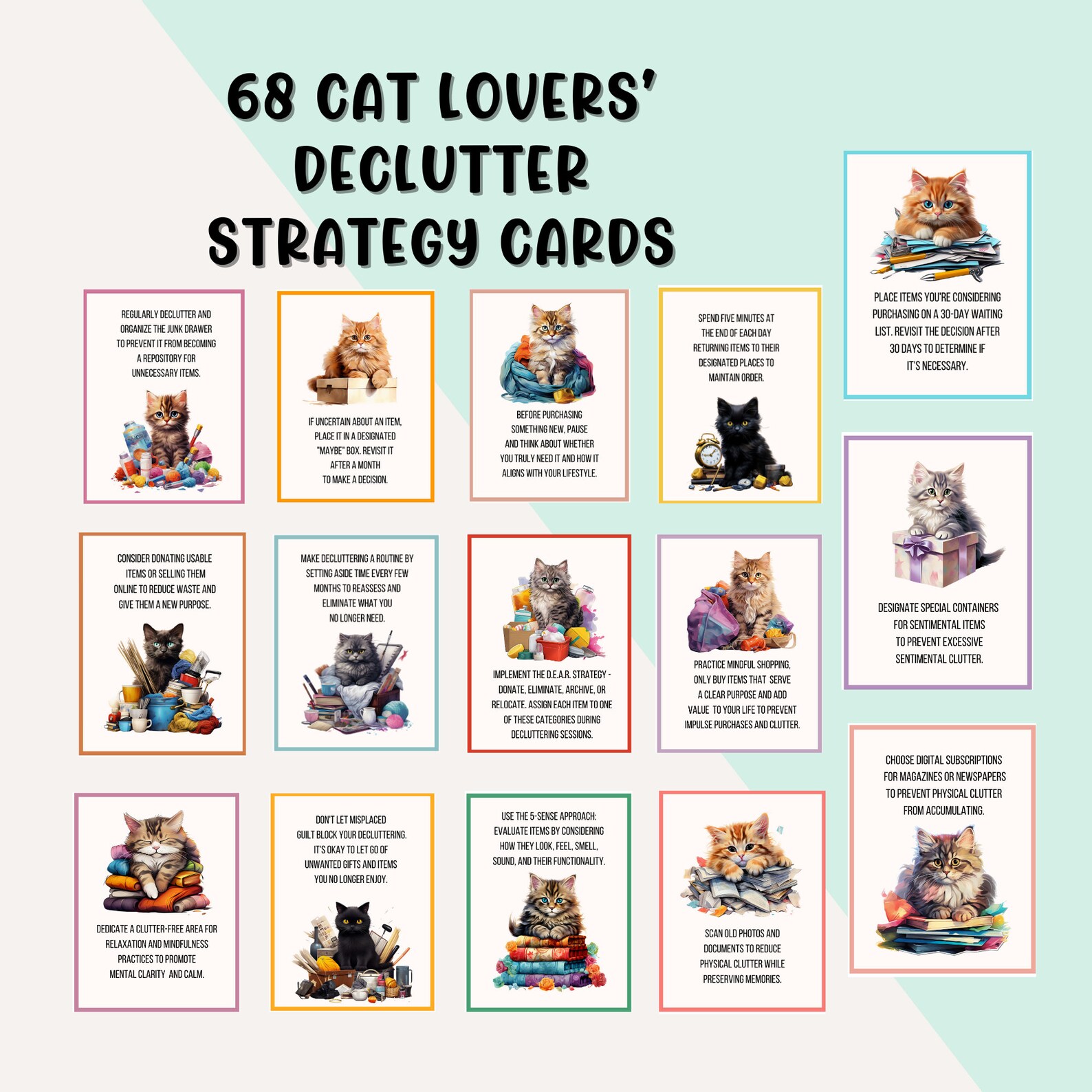 63 Cat Lovers' Declutter Strategy Cards. Gift for Tidy Home Management ...