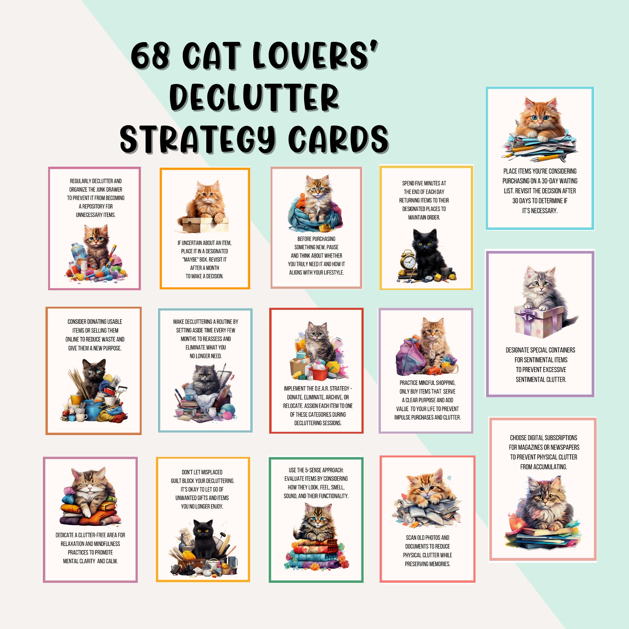 63 Cat Lovers' Declutter Strategy Cards. Gift for Tidy Home Management ...