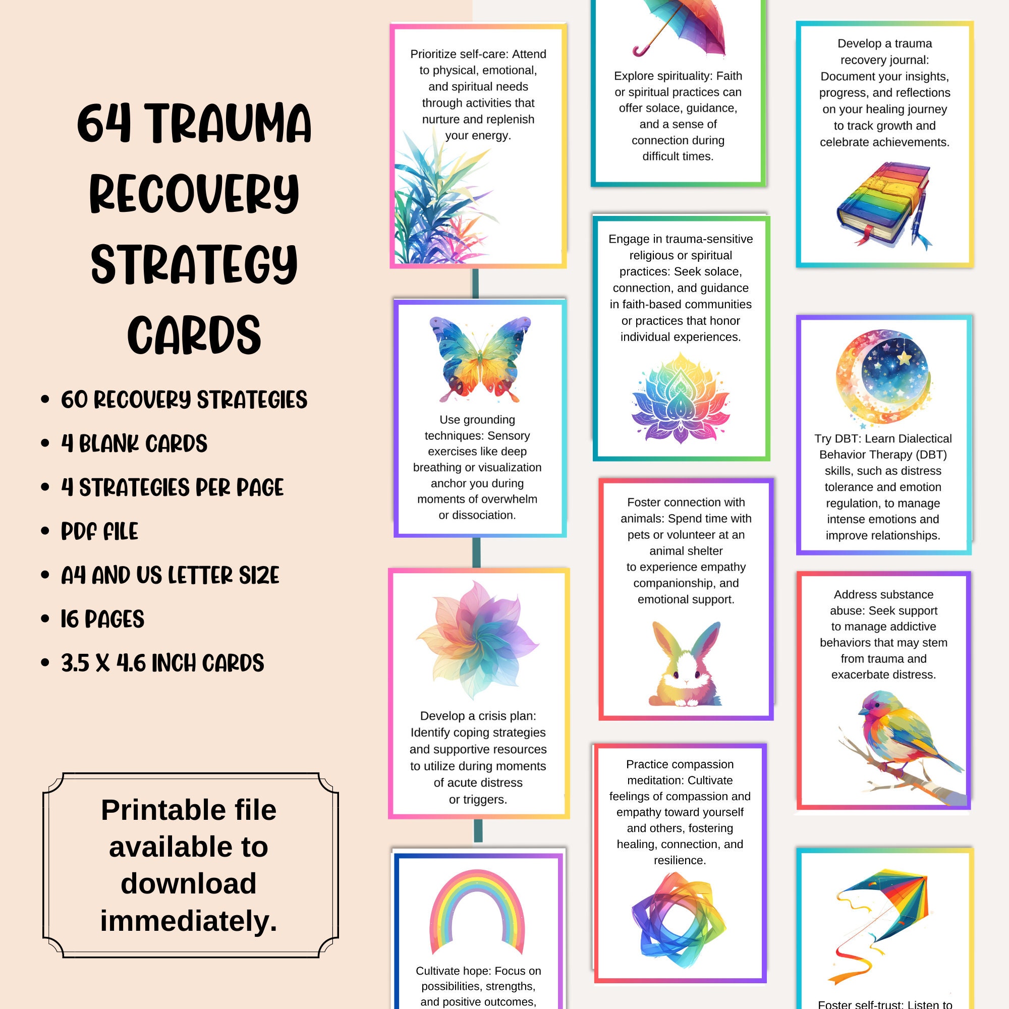 64 Trauma Recovery Strategy Cards. Recovery Flashcards for PTSD CPTSD ...