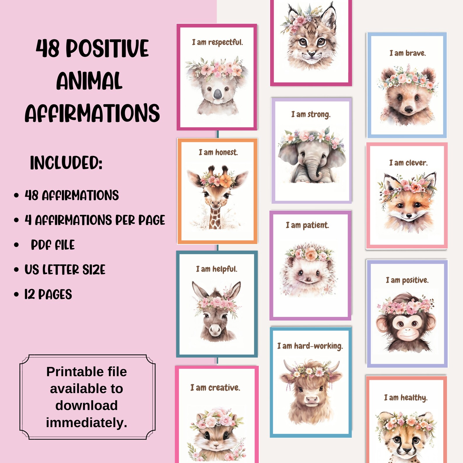 48 Kids Animal Affirmation Cards. Children's Positive Card Deck Self ...