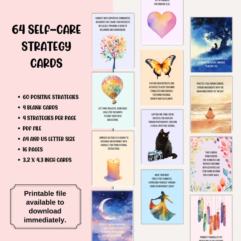 64 Self-care Strategy Cards Printable Mindfulness Flashcards Gift for ...
