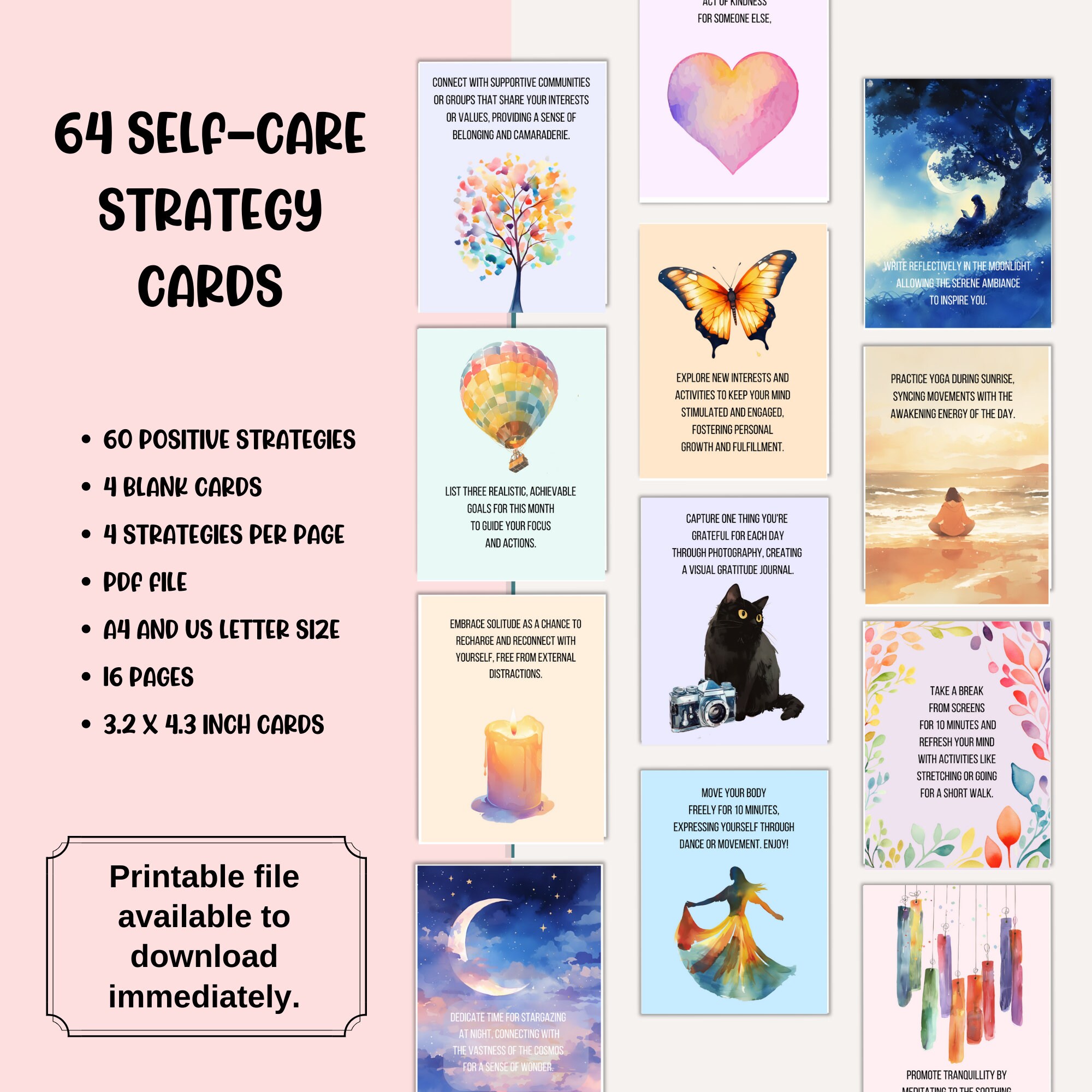 64 Self-care Strategy Cards Printable Mindfulness Flashcards Gift for ...