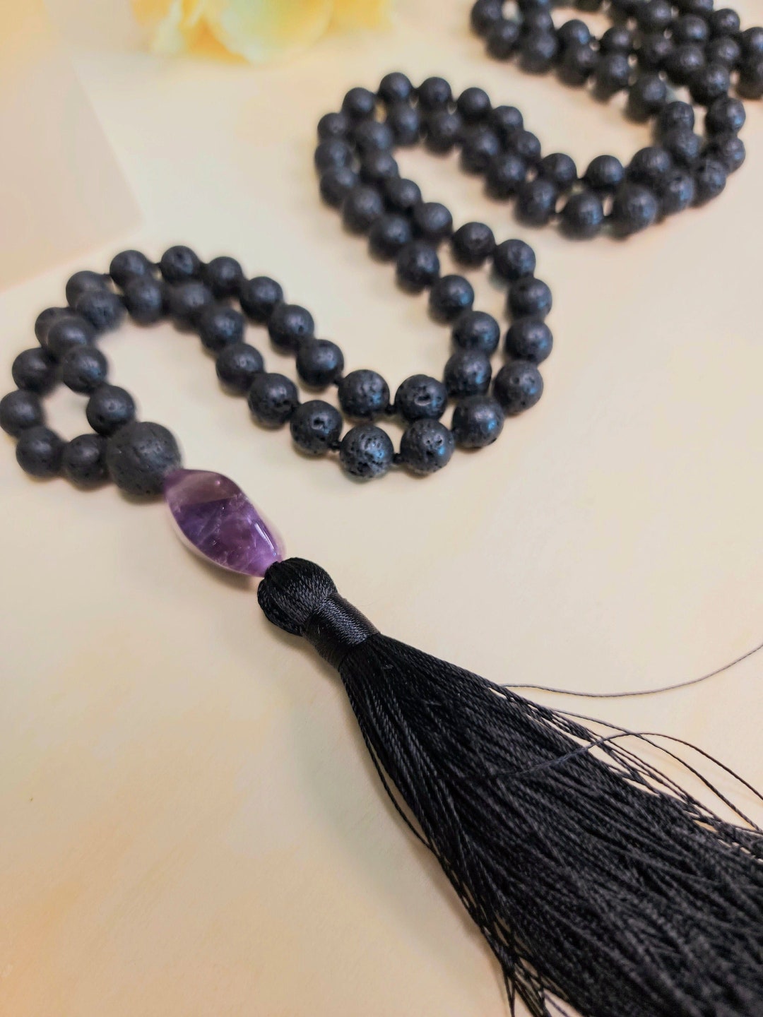Lava Stone and Amethyst Prayer Mala Natural Gemstone Crystals for Calm ...