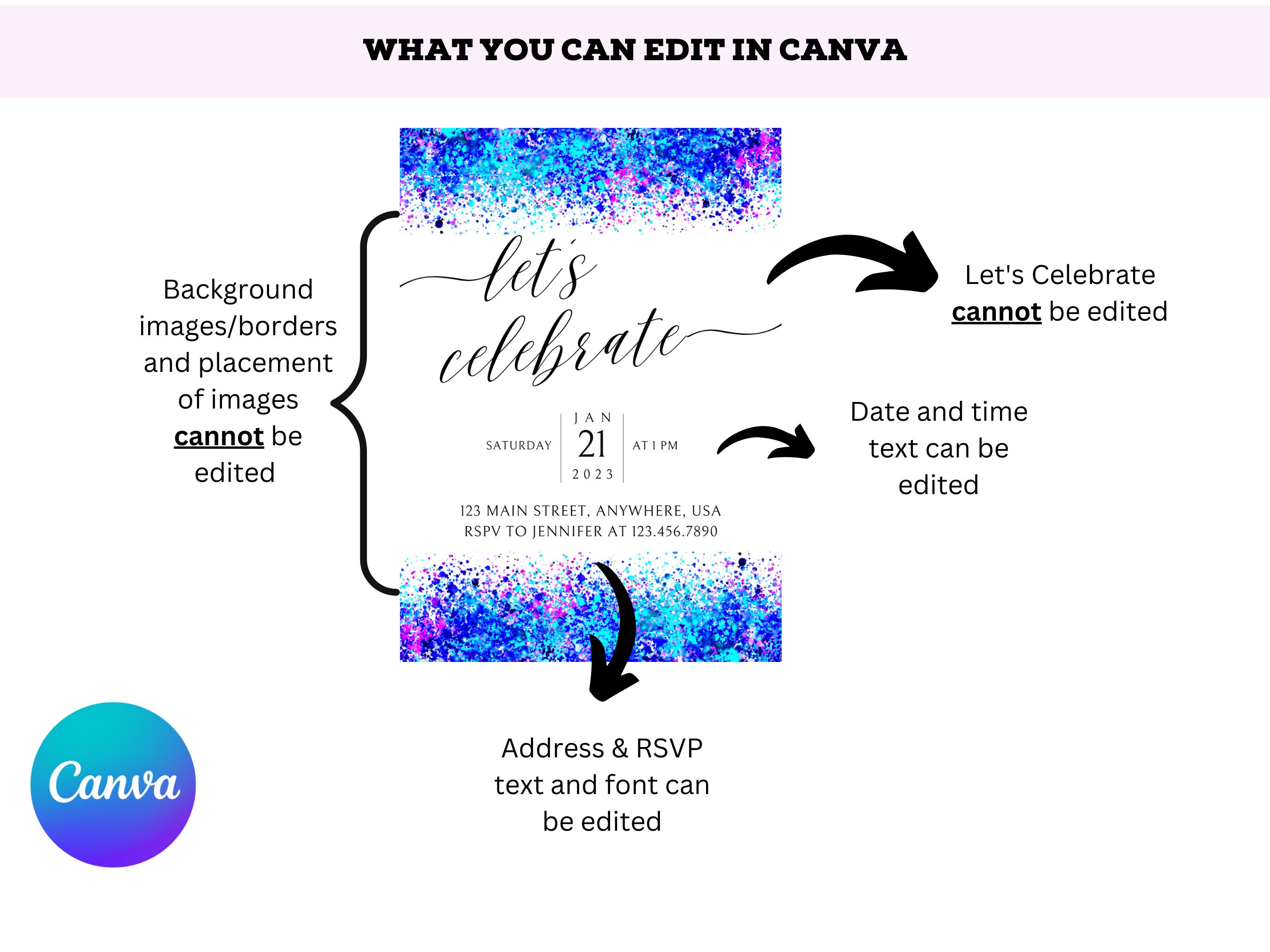 Modern Classic Paint Splatter Let's Celebrate Editable Invitation ...
