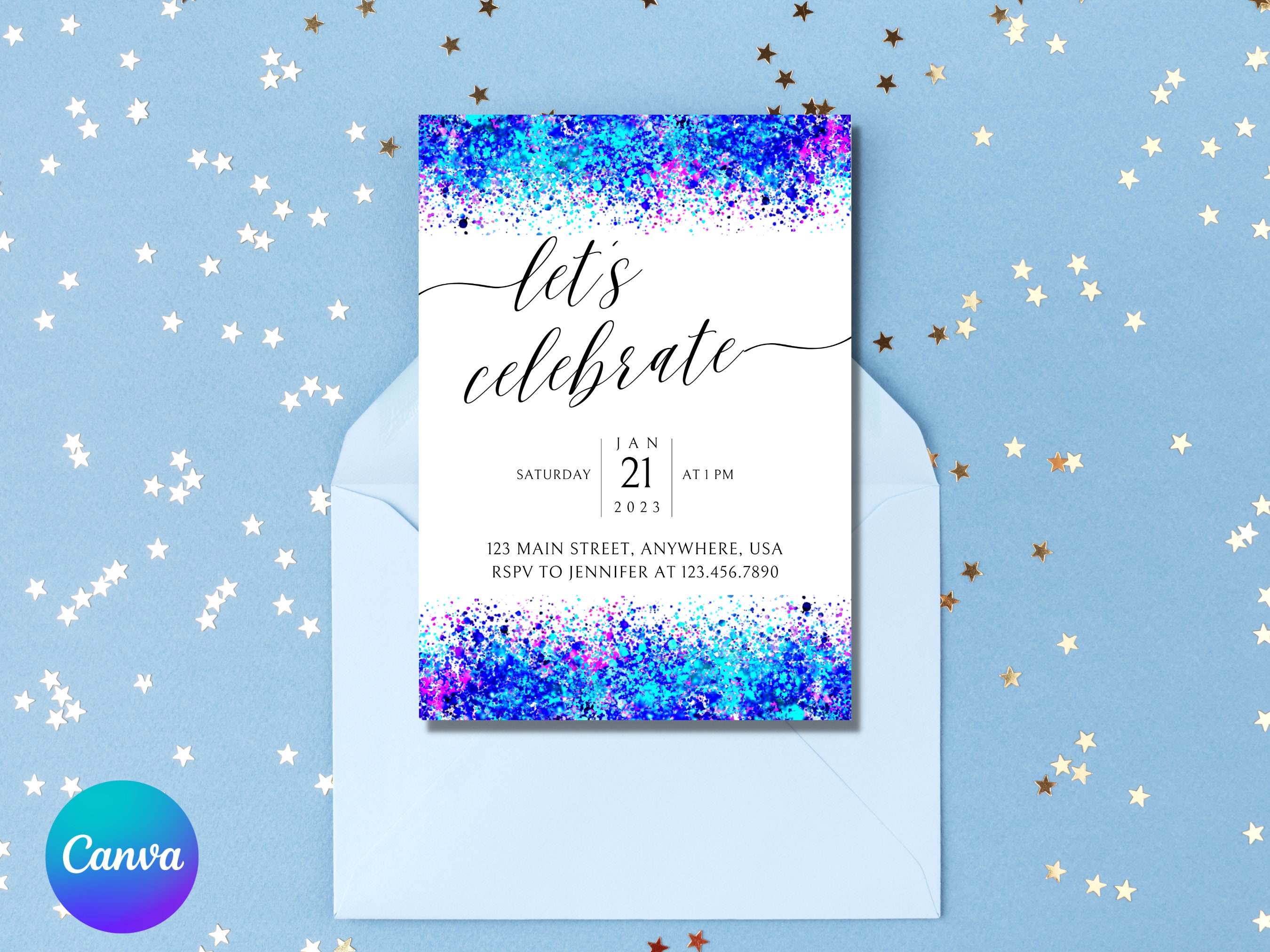 Modern Classic Paint Splatter Let's Celebrate Editable Invitation ...