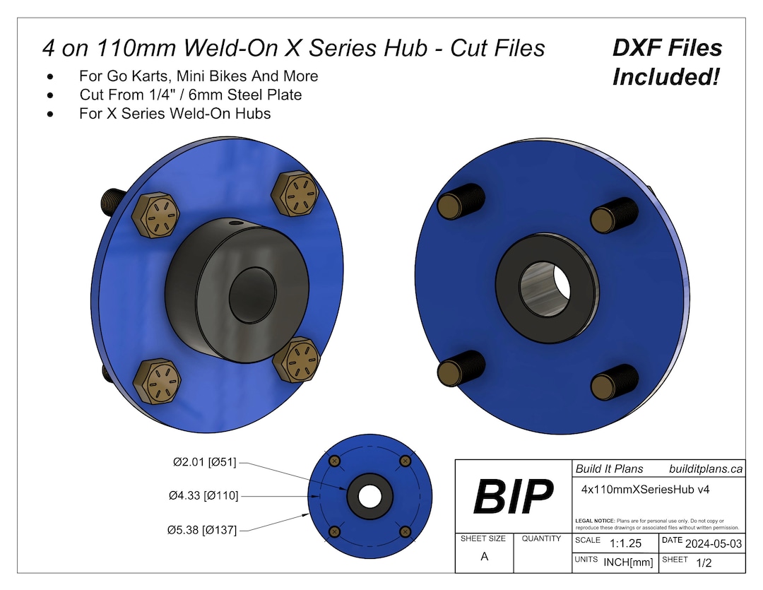 4x110mm Go Kart Hub DXF Cut Files for 4 Bolt 110mm PCD Wheel Hub - Etsy