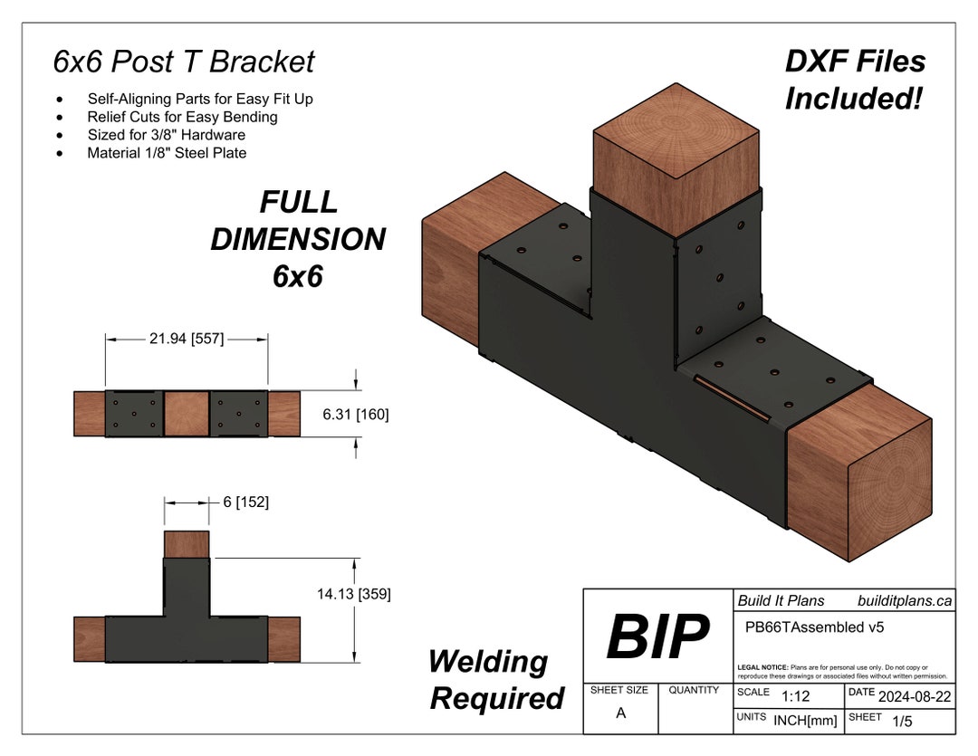6x6 Full Dimension Post T Bracket DXF Cut Files - Etsy