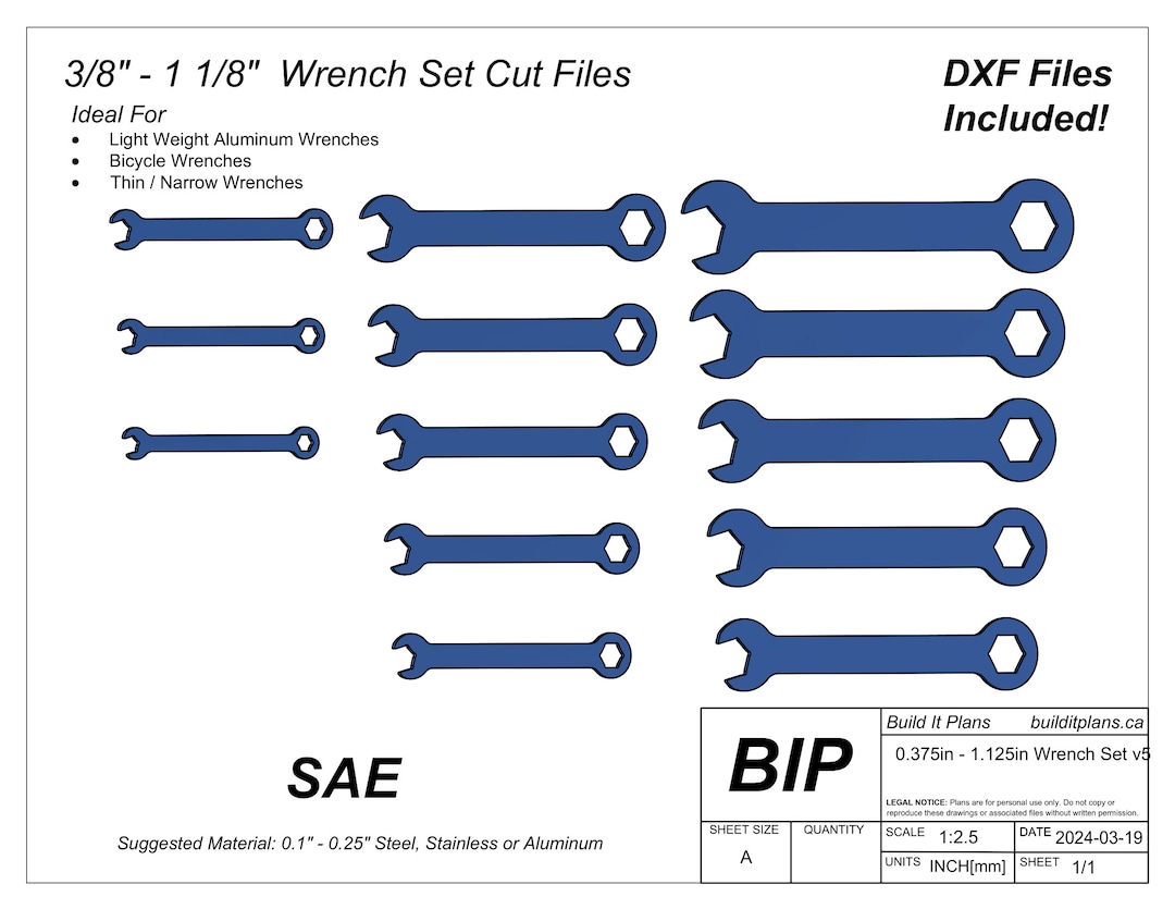 3/8 to 1-1/8 Wrench Set DXF - SAE Spanner Cut Files - Etsy
