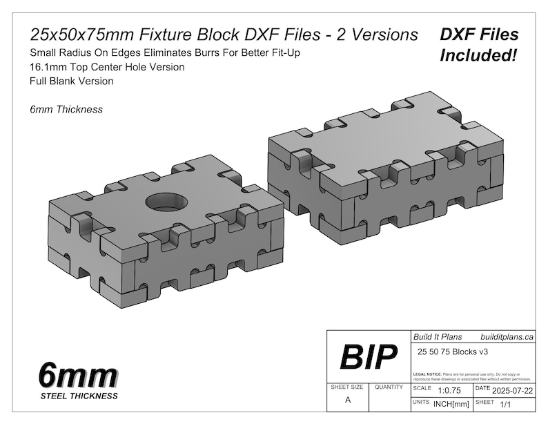 25 X 50 X 75 Mm Fixture Block DXF Cut Files - 6mm Steel - Etsy