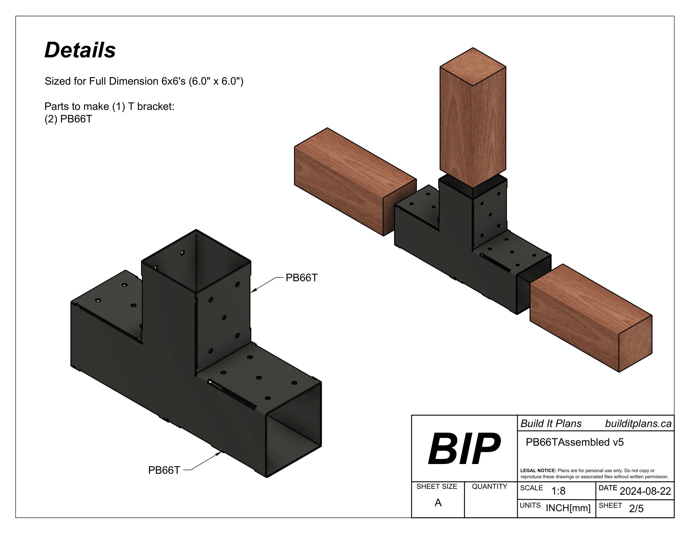 6x6 Full Dimension Post T Bracket DXF Cut Files - Etsy