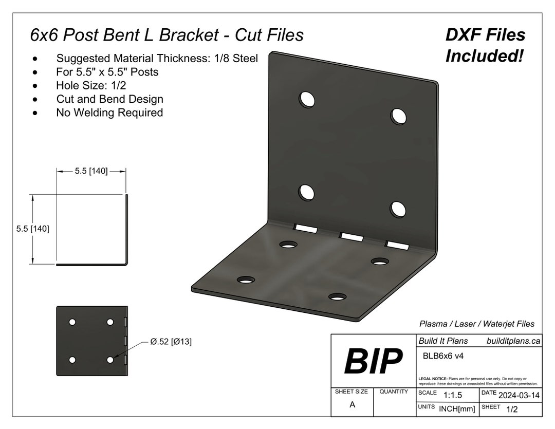 6x6 Post L Bracket Cut File for Pergola - L Bracket DXF Plasma File for ...