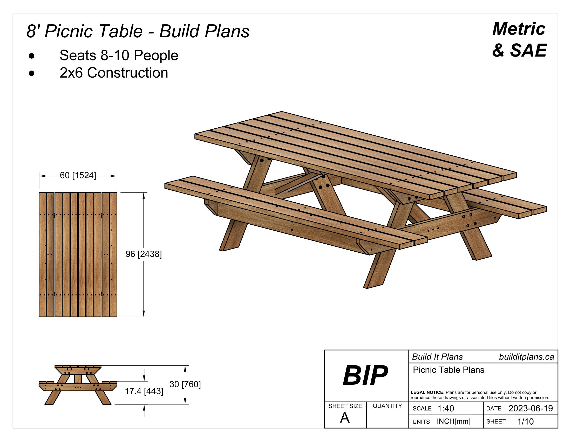 Large Picnic Table PDF Plans DIY 8 Foot Picnic Table Plan for 8' Family ...
