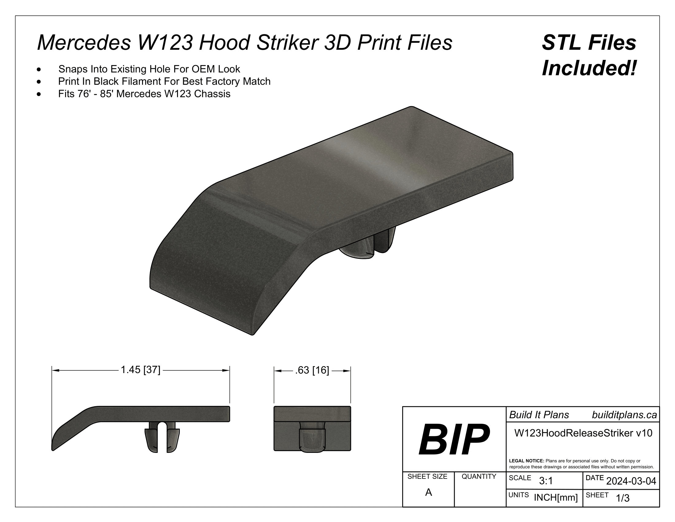 Mercedes W123 Hood Latch Release Striker 3D Print Files - STEP and STL ...