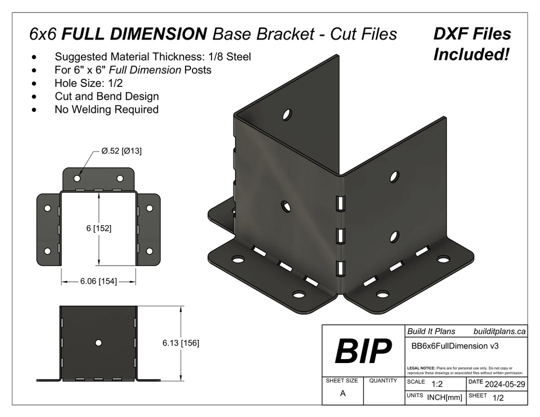 Full Dimension 6x6 Post Base Bracket Cut File - Base Bracket DXF Plasma ...