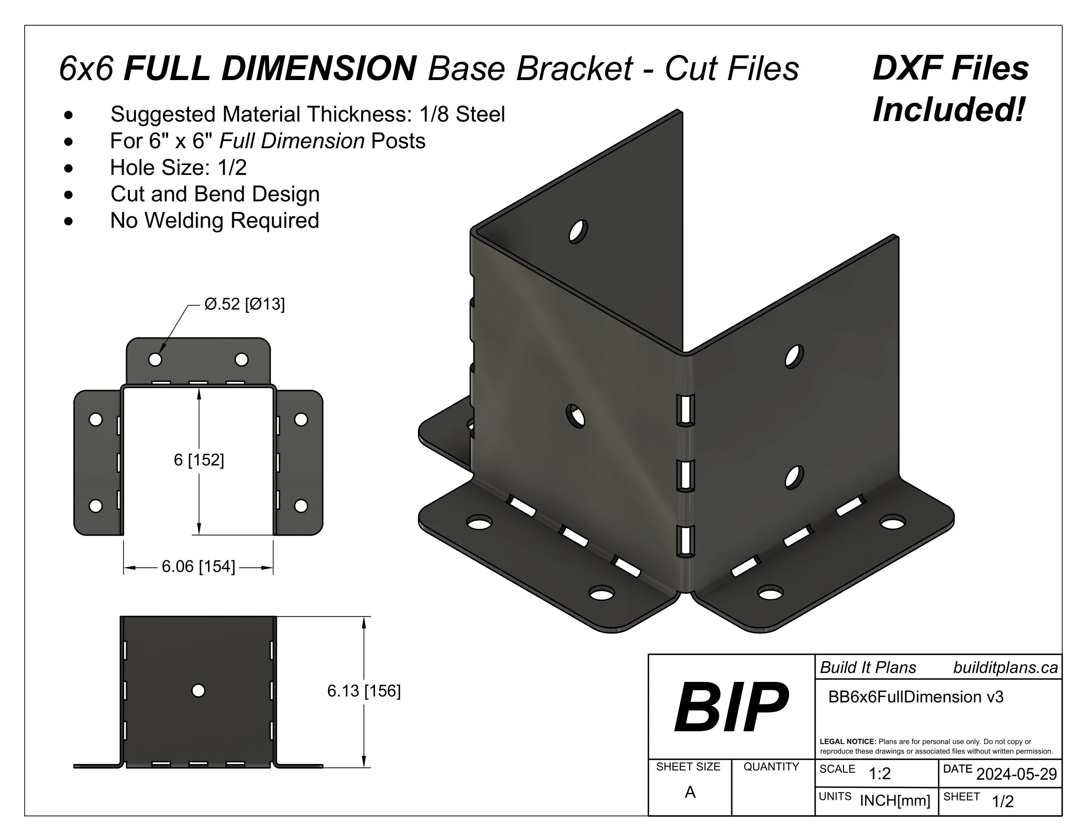 Full Dimension 6x6 Post Base Bracket Cut File - Base Bracket DXF Plasma ...