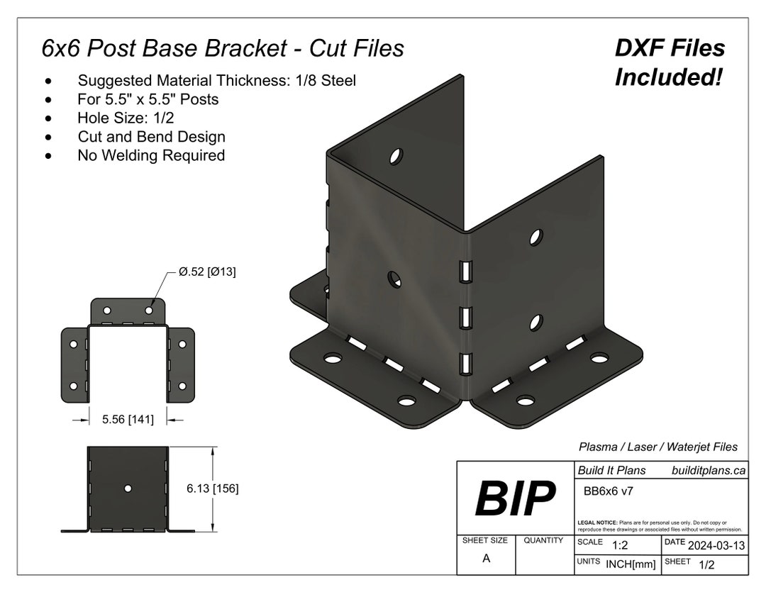 6x6 Post Base Mount Bracket DXF Cut File - Etsy