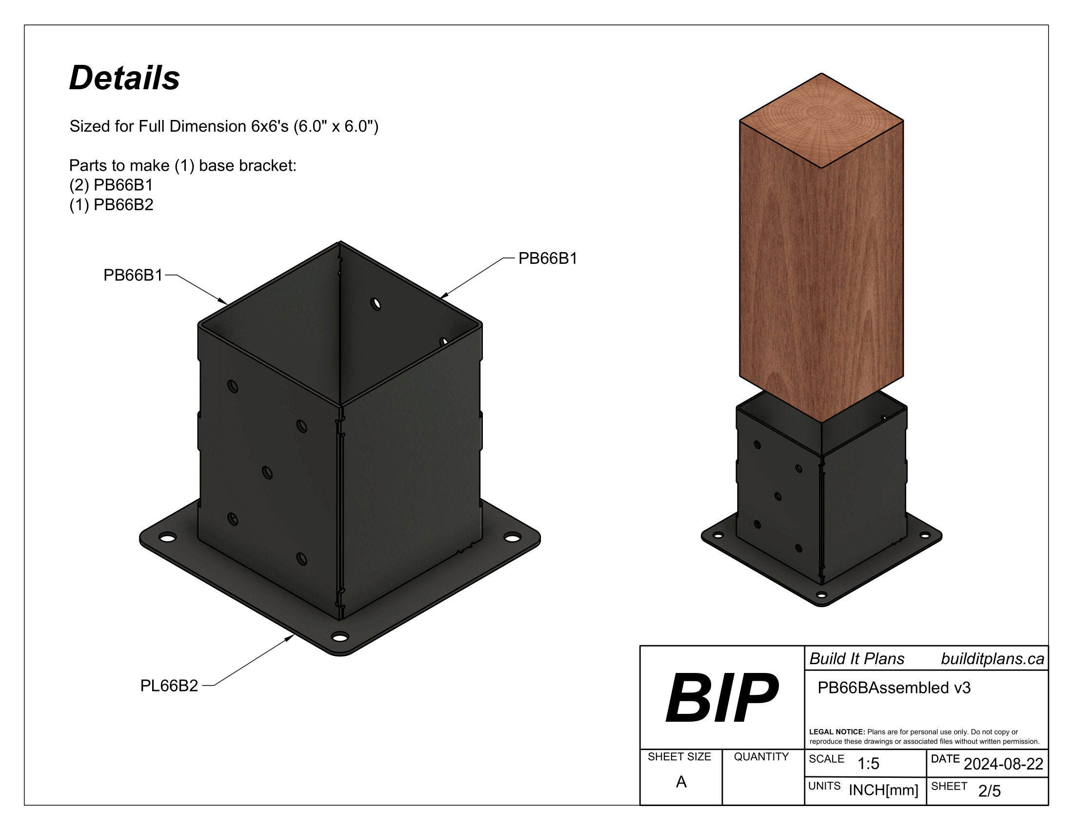 6x6 Full Dimension Post Base Bracket DIY Cut Files Base Bracket or Wall ...