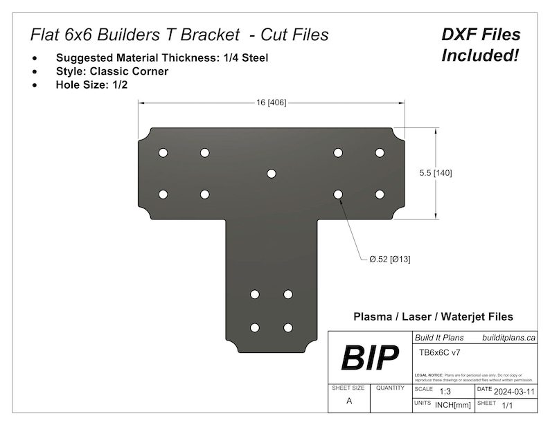 Classic 6x6 Post T Bracket Cut File Timber Frame DXF Plasma File Tee ...